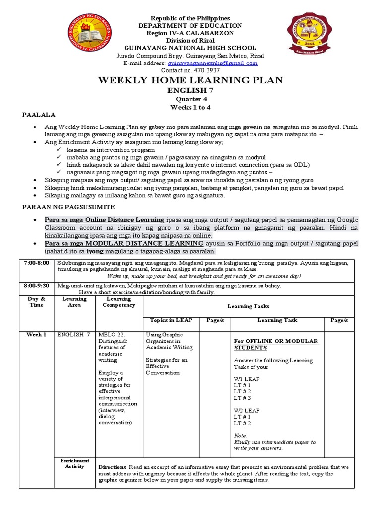 English 7 - WHLP - Quarter 4 - Weeks 1 To 4 | PDF
