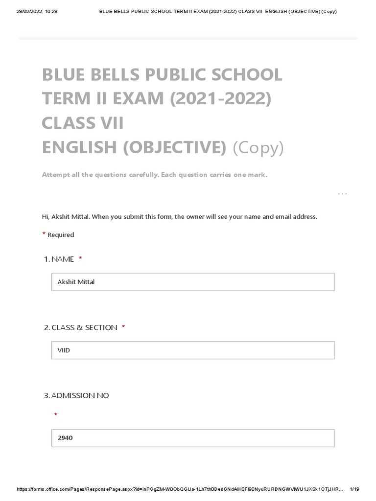 BLUE BELLS PUBLIC SCHOOL TERM II EXAM (2021-2022) CLASS VII ENGLISH ...