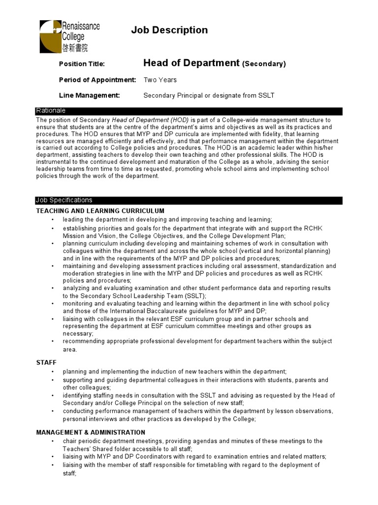Job Description Head of Department: Position Title: Period of ...