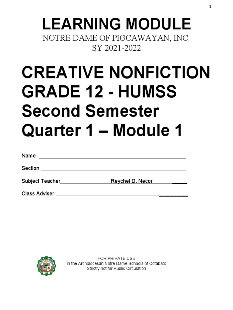 Creative Nonfiction Grade 12 - Humss Second Semester Quarter 1 - Module ...