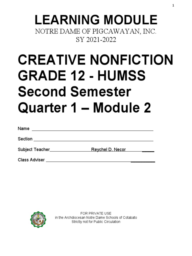 Creative Nonfiction - Quarter 1 Module 2 | PDF | Creative Nonfiction ...