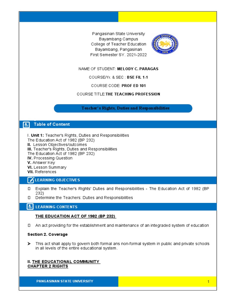 Table of Content: Teacher's Rights, Duties and Responsibilities | PDF ...