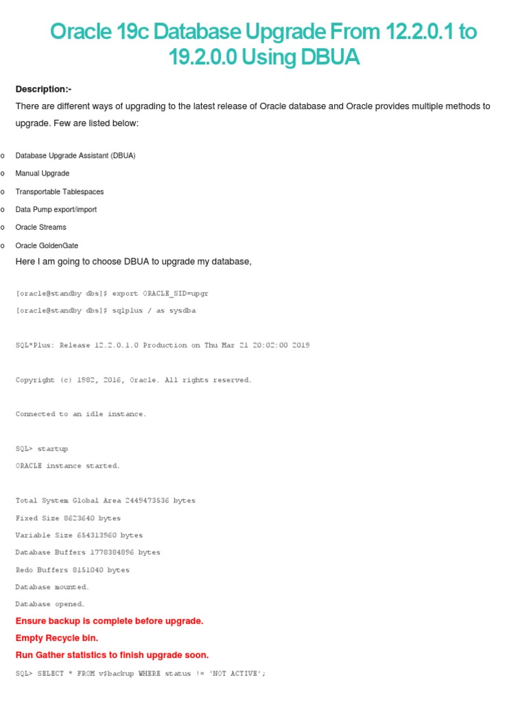 Oracle 19c Database Upgrade From 12 | PDF | Databases | Database Schema Oracle 19c Database Upgrade From 12 | PDF | Databases | Database Schema