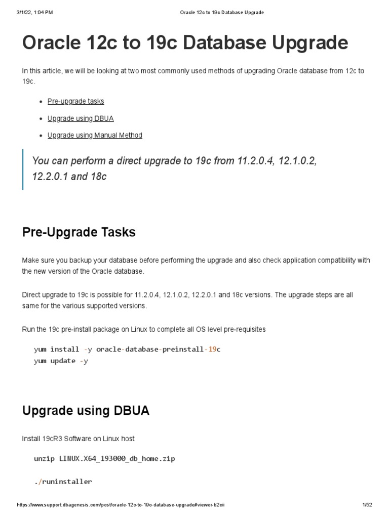 Oracle 12c To 19c Database Upgrade | PDF | Databases | Information Age