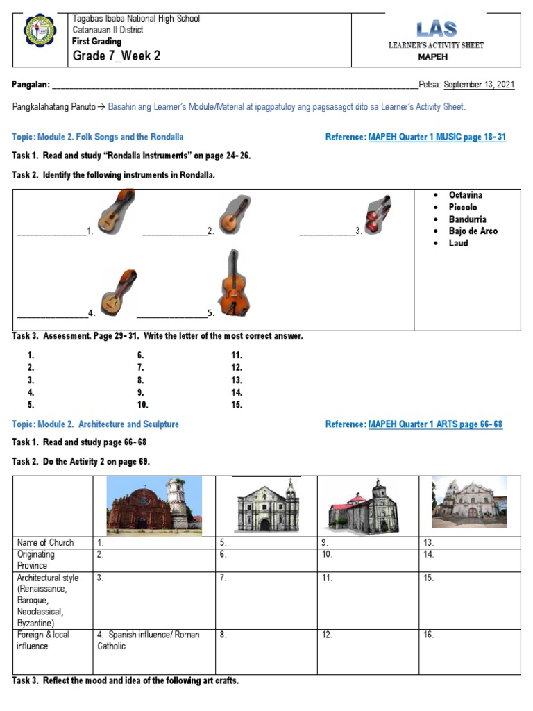 Mapeh - Las - Activity Sheet - Q1 - Grade 7 - Sy 2021 - Week 2-8 | PDF ...