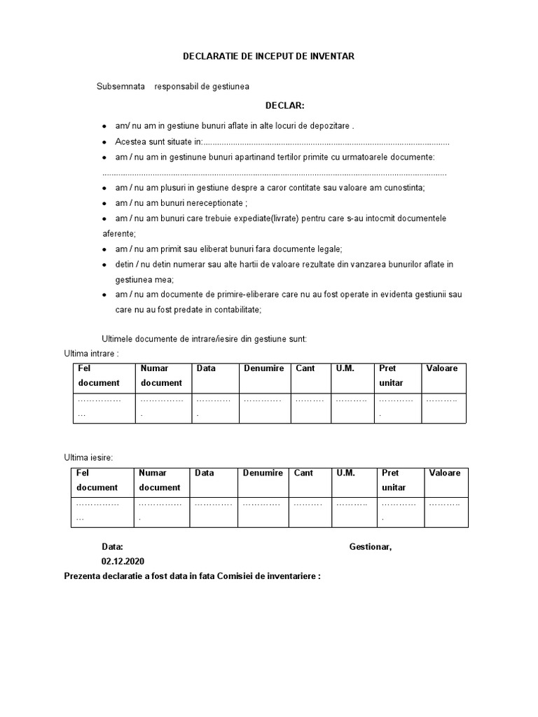 Declaratie Inceput Gestionar Model | PDF