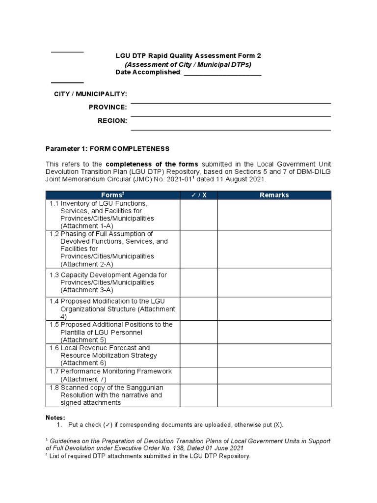 LGU DTP Rapid Quality Assessment Form 2 Date Accomplished: - City ...
