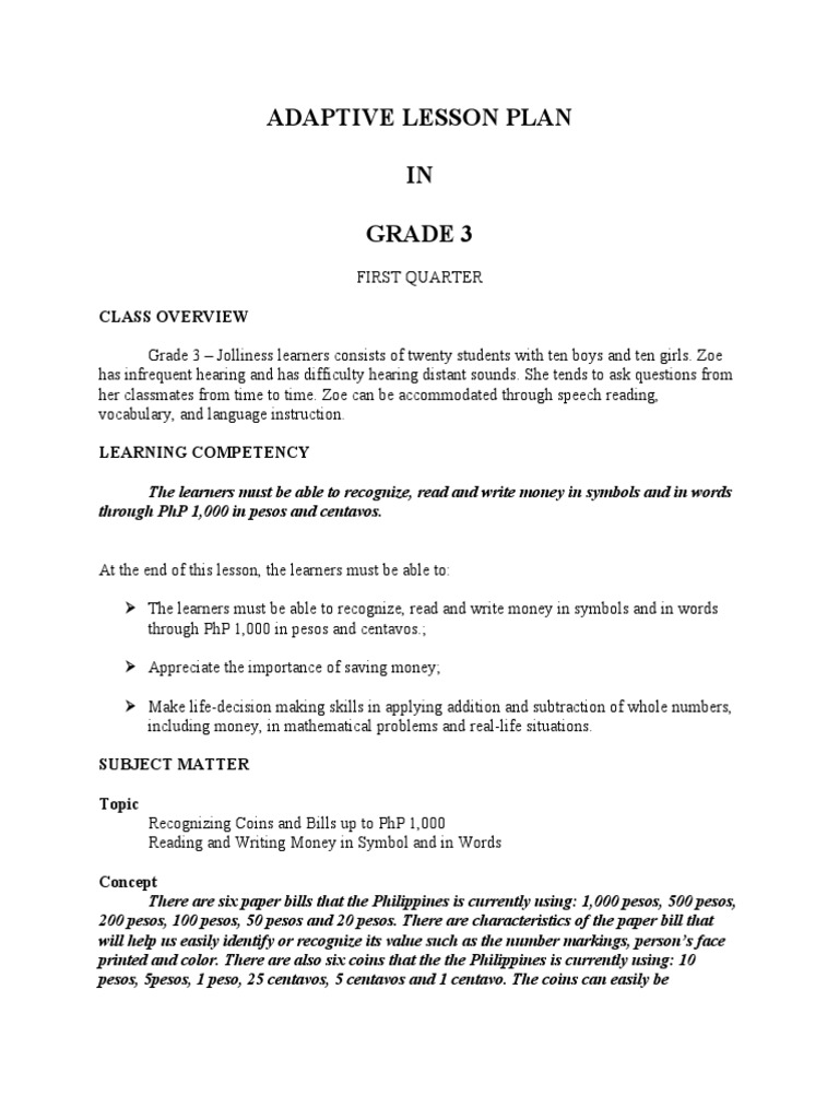 Adaptive Lesson Plan IN Grade 3: Class Overview | PDF | Learning ...