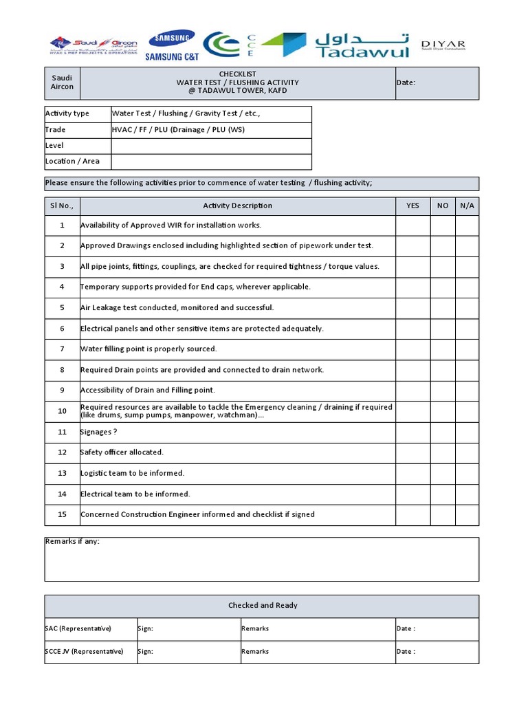 Water Test & Flushing Activity - Checklist | PDF