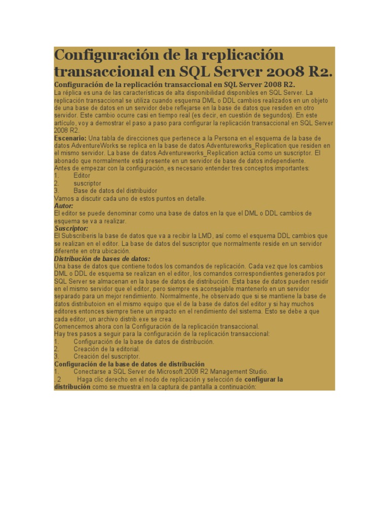 Configuración de La Replicación Transaccional en SQL Server 2008 R2 | PDF | Servidor SQL de ...