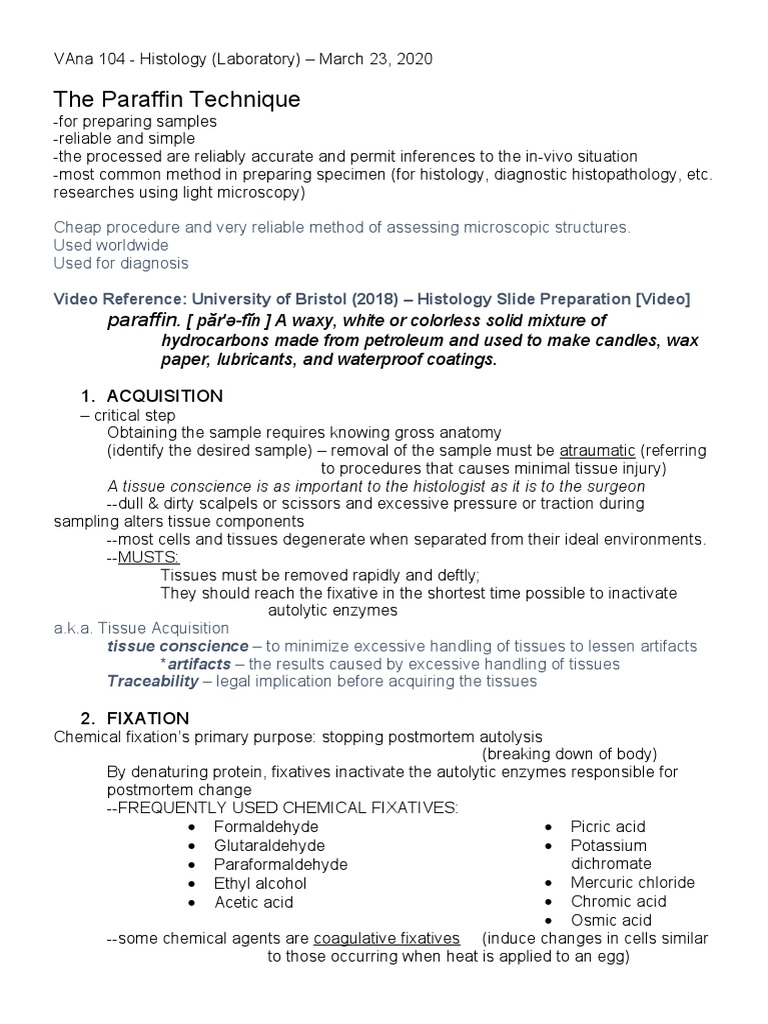Histology Study Material - The Paraffin Technique | PDF | Fixation ...