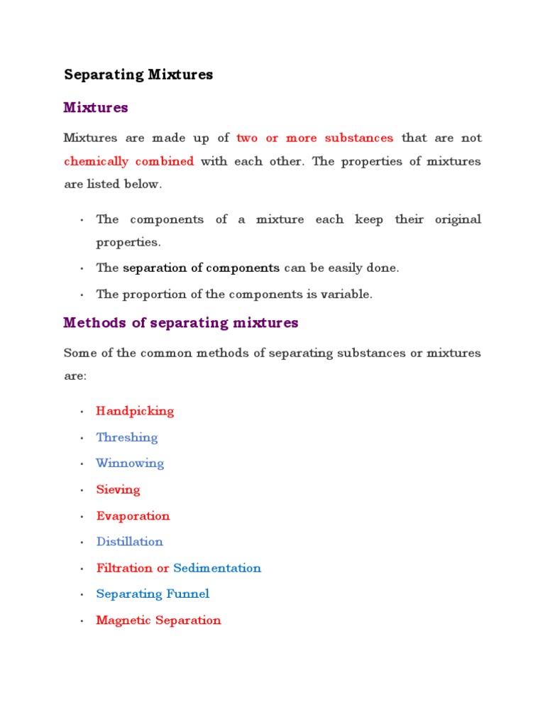 Separating Mixtures (Notes) | PDF | Filtration | Liquids