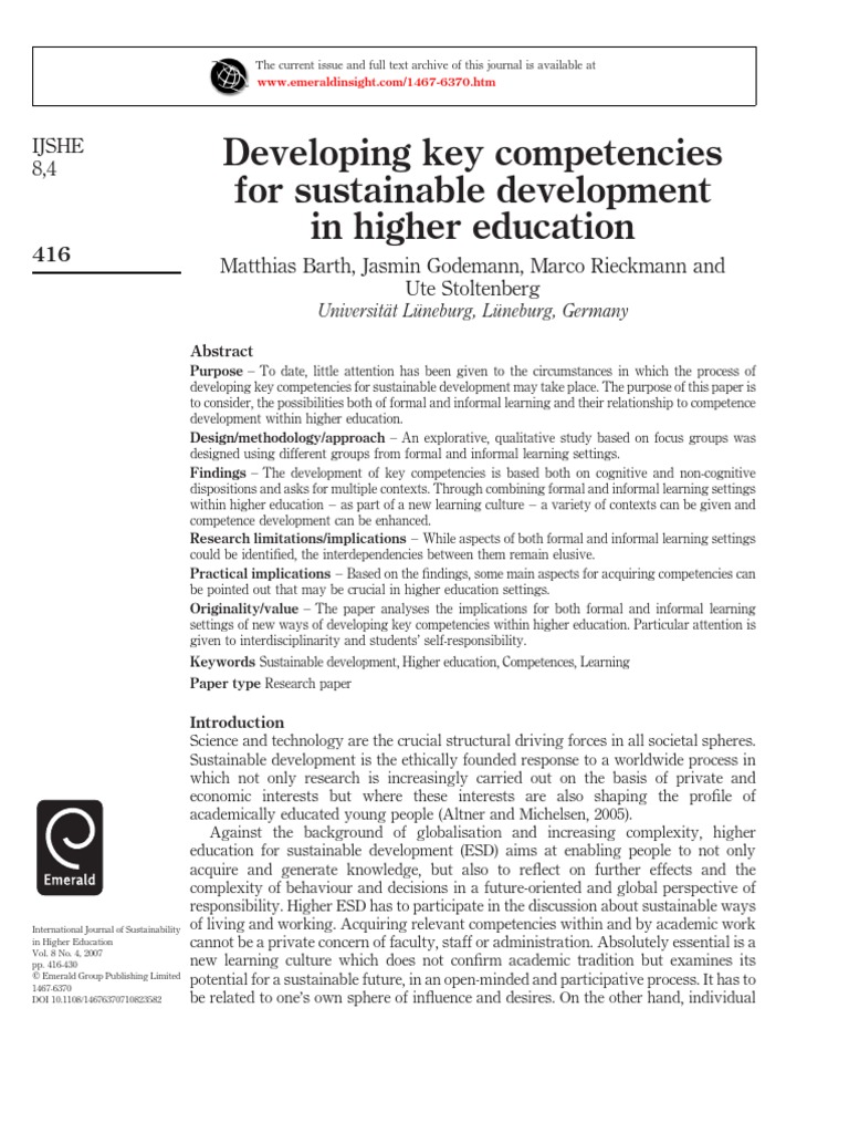 Developing Key Competencies For Sustainable Development in Higher ...