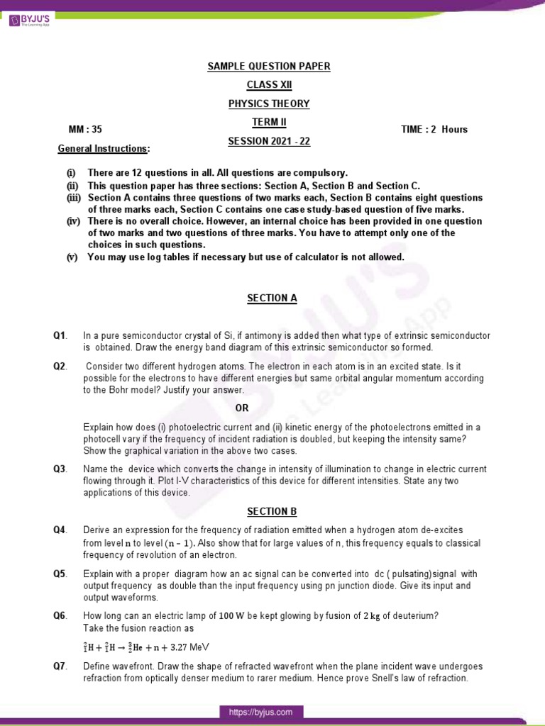 CBSE Class 12 Physics Sample Paper Term 2 For 2021 22 | PDF ...