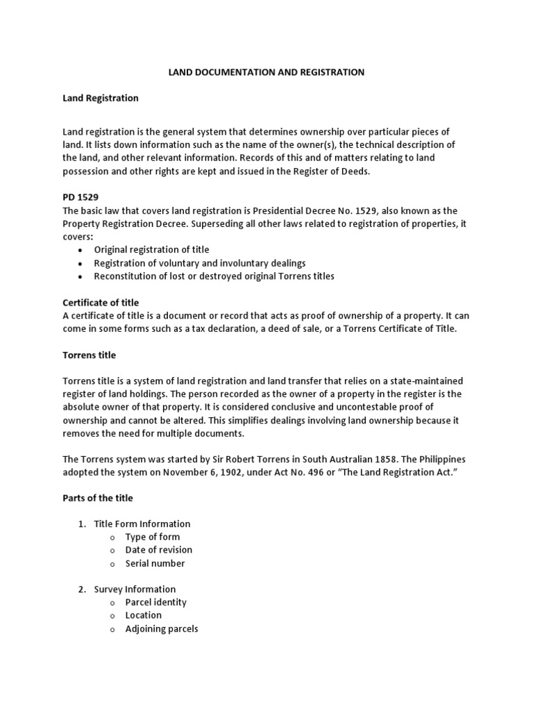 Land Title Registration Overview | PDF | Title (Property) | Deed