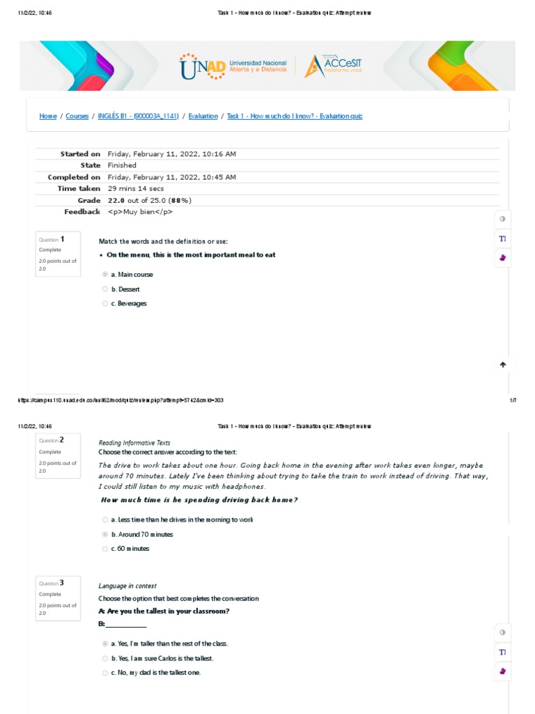 Task 1 - How Much Do I Know - Evaluation Quiz - Attempt Review2 | PDF