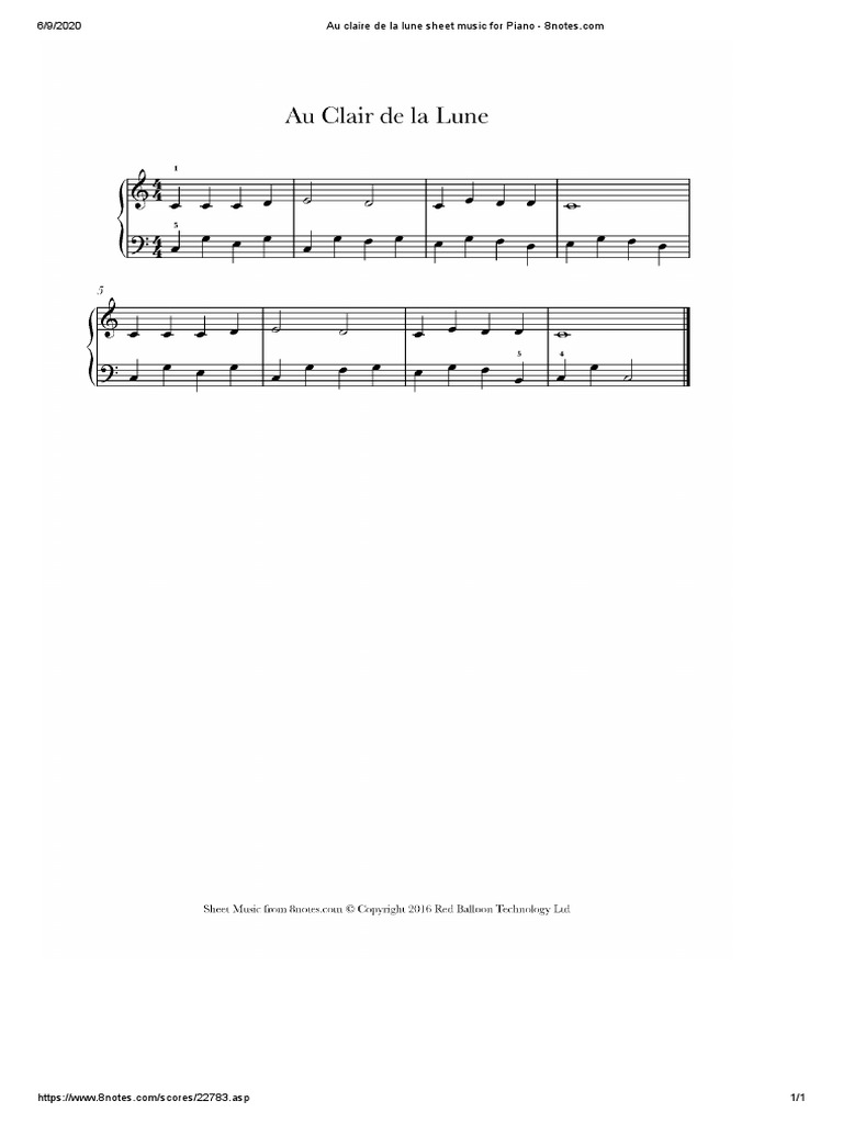 Au Claire de La Lune Sheet Music For Piano | PDF