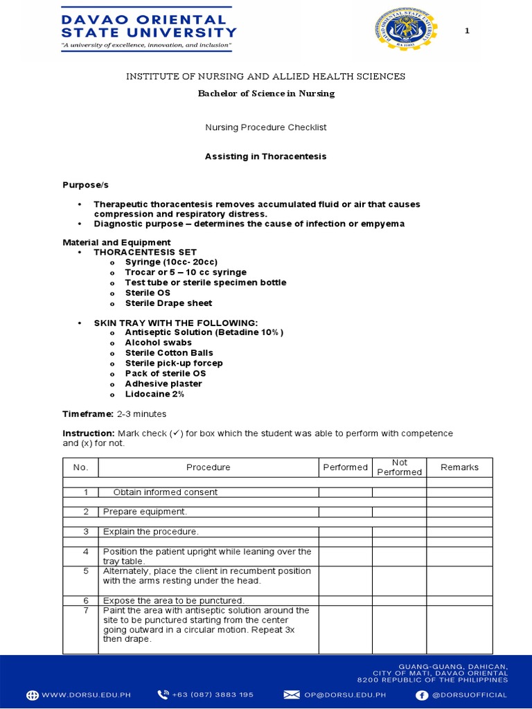 Assisting in Thoracentesis Checklist | PDF | Syringe | Clinical Medicine