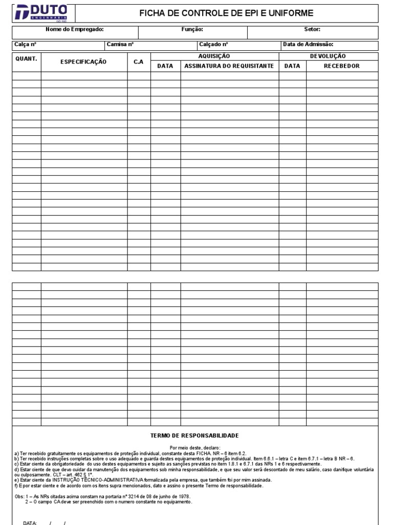 Ficha de Controle de Epi e Uniforme | PDF