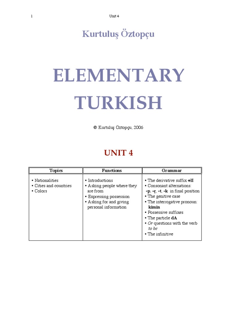 Elementary Turkish Unit 4 | PDF | Grammatical Number | Plural