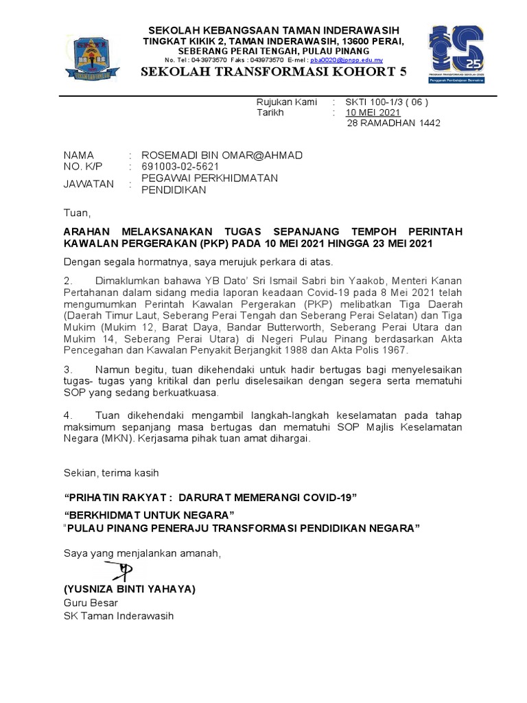 Surat Arahan Menjalankan Tugas 10 Mei - 23 Mei | PDF