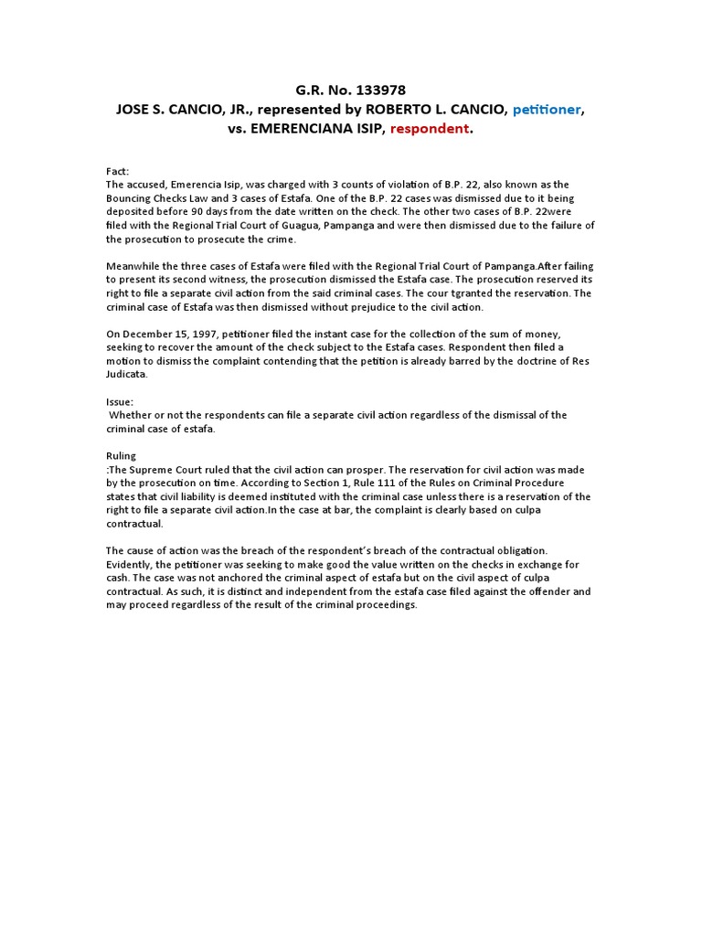 Ruling that a Separate Civil Action for Collection of Bounced Checks ...