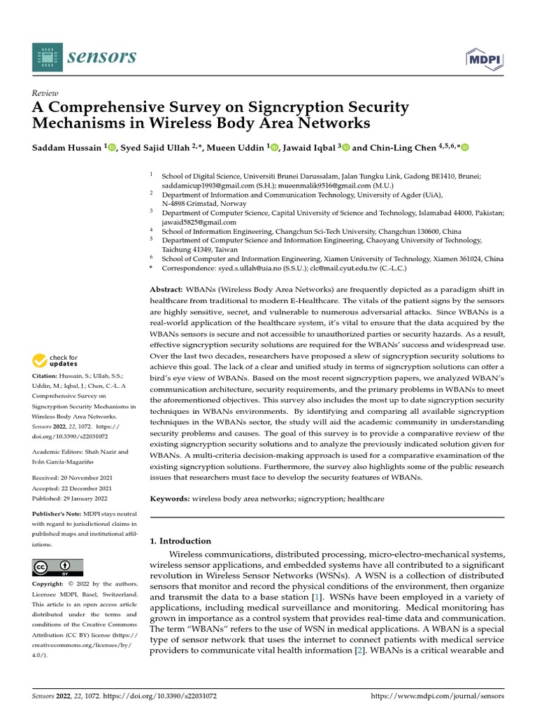 Sensors: A Comprehensive Survey On Signcryption Security Mechanisms in Wireless Body Area ...