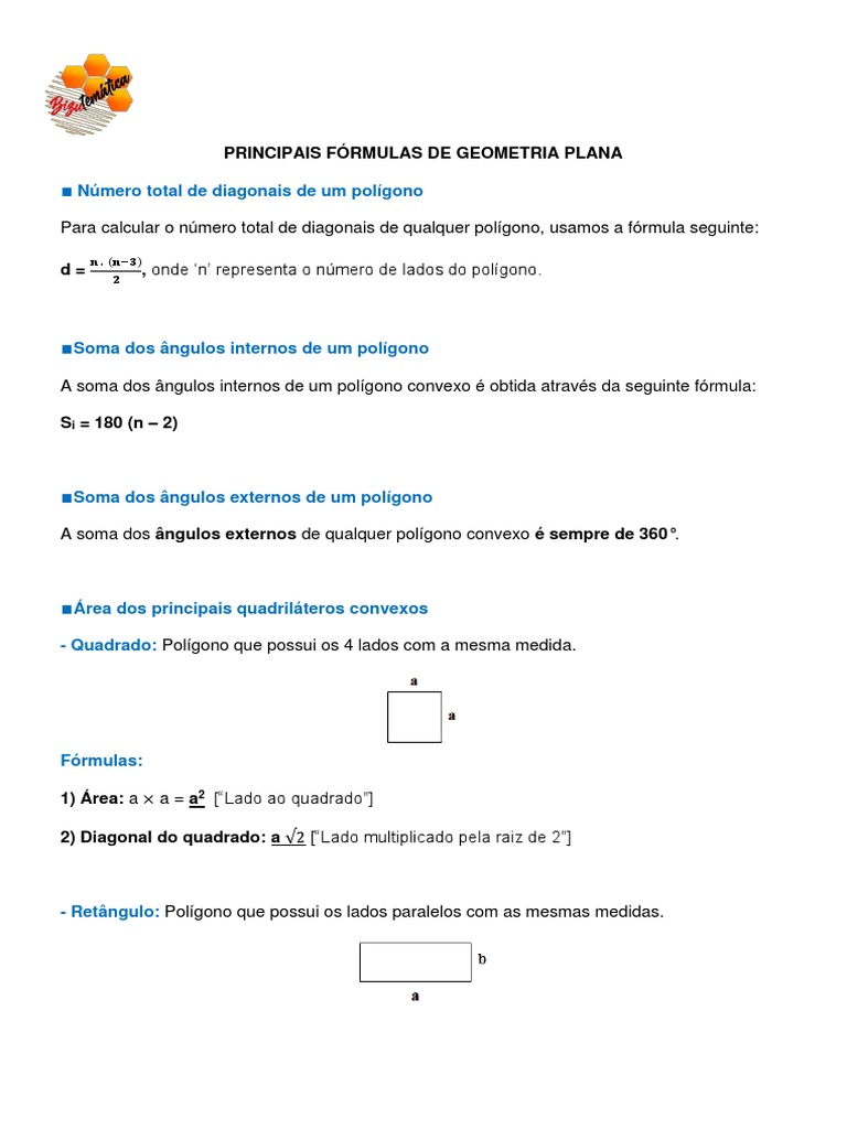 Fórmulas Fundamentais de Geometria Plana: Cálculo de Áreas, Perímetros ...
