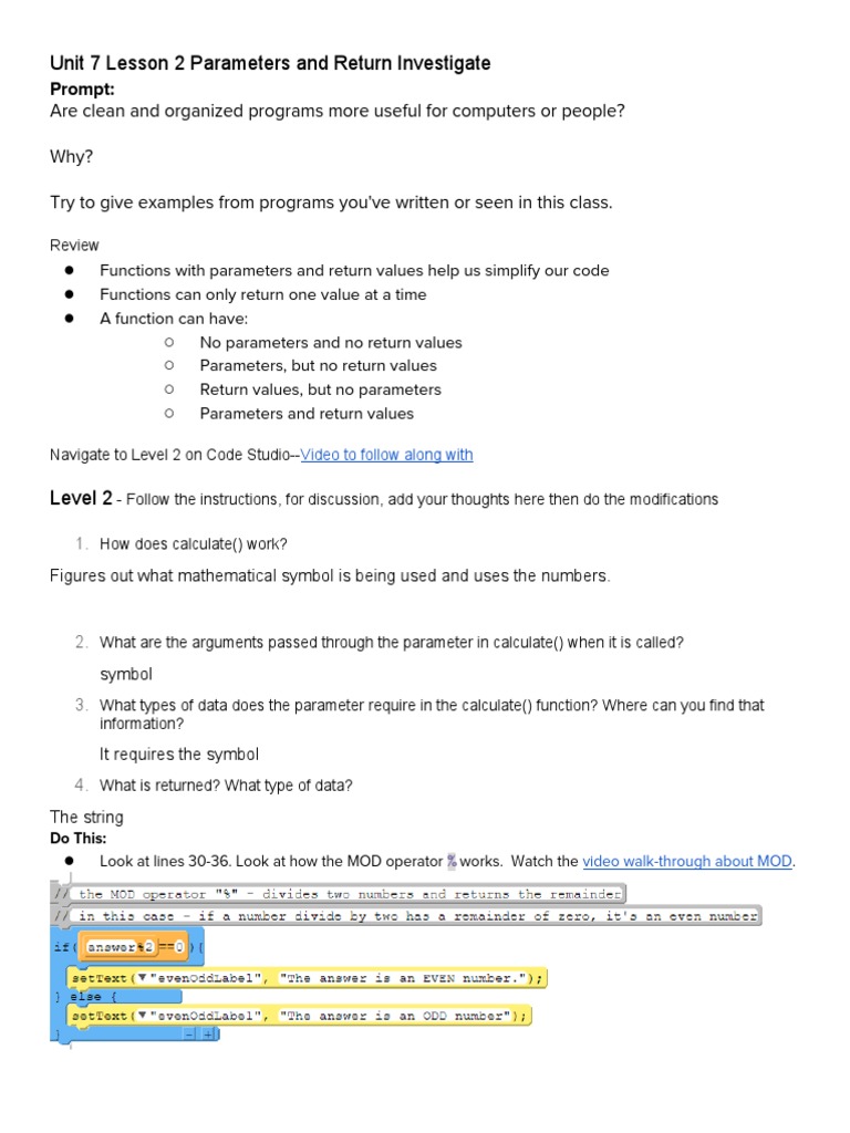 Unit 7 Lesson 2 Parameters and Return Investigate | PDF | Parameter (Computer Programming ...