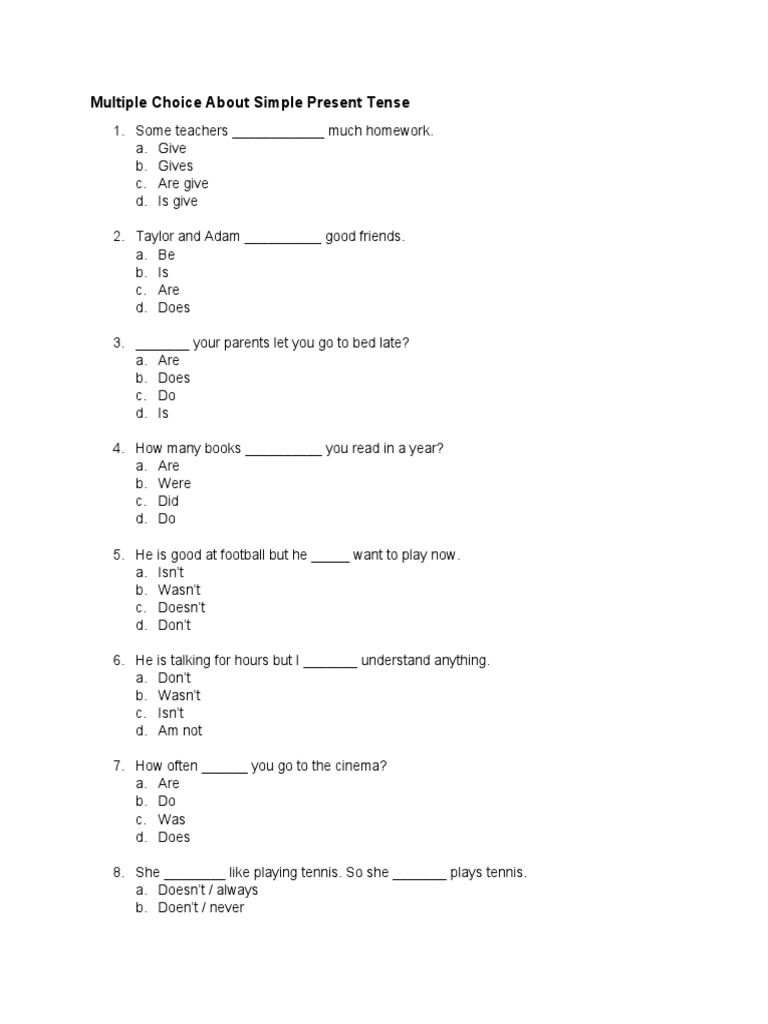 Multiple Choice About Simple Present Tense | PDF