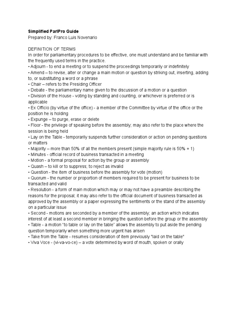 Simplified ParlPro Guide | PDF | Public Law | Meetings