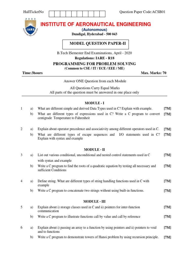 Cse Programming For Problem Solving Model Question Papers 2 Pdf C Programming Language