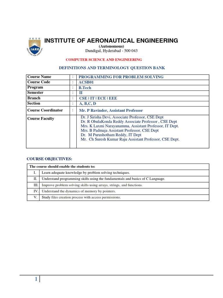 Cse Programming For Problem Solving Definitions And Terminology