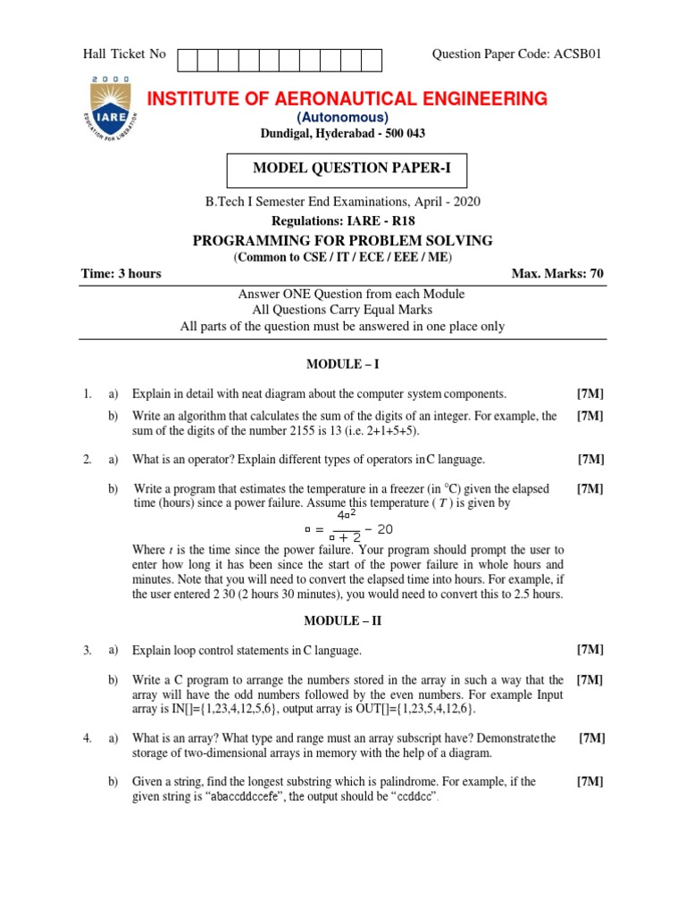 Cse Programming For Problem Solving Model Question Papers 1 Pdf Array Data Structure C