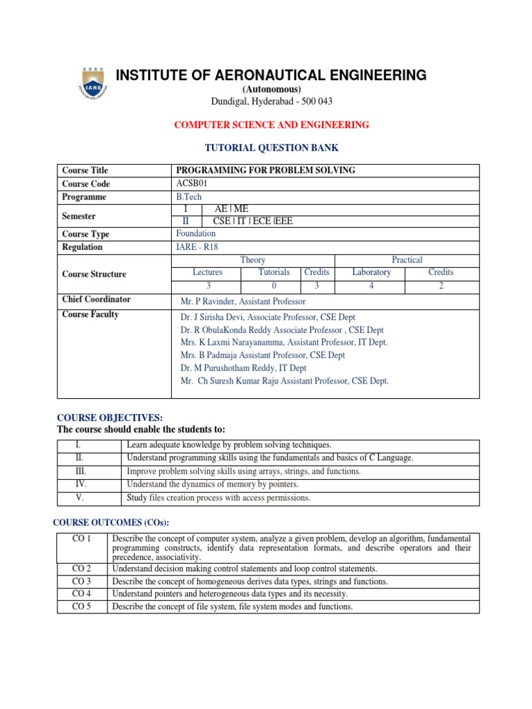 Cse Programming For Problem Solving Tutorial Question Bank Pdf Subroutine C Programming 