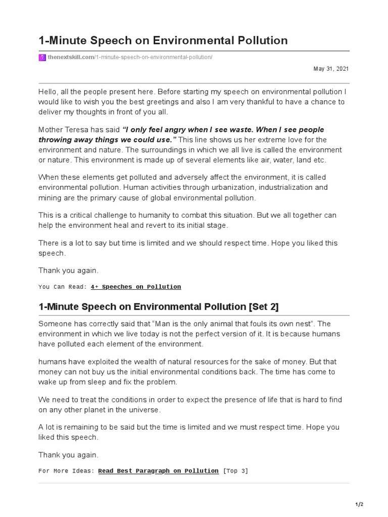 1-Minute Speech On Environmental Pollution | PDF