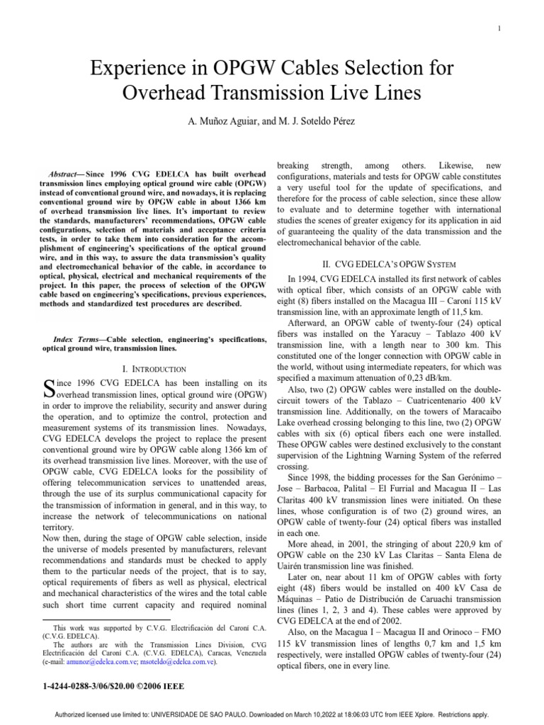 Experience in OPGW Cables Selection For Overhead Transmission Live ...
