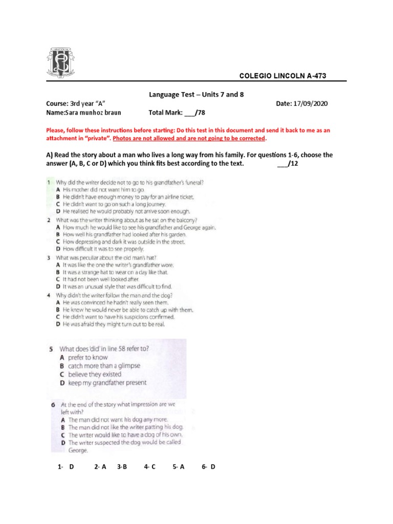 3rd Year 2020-Language Test-Units 7 and 8 - 3º A | PDF