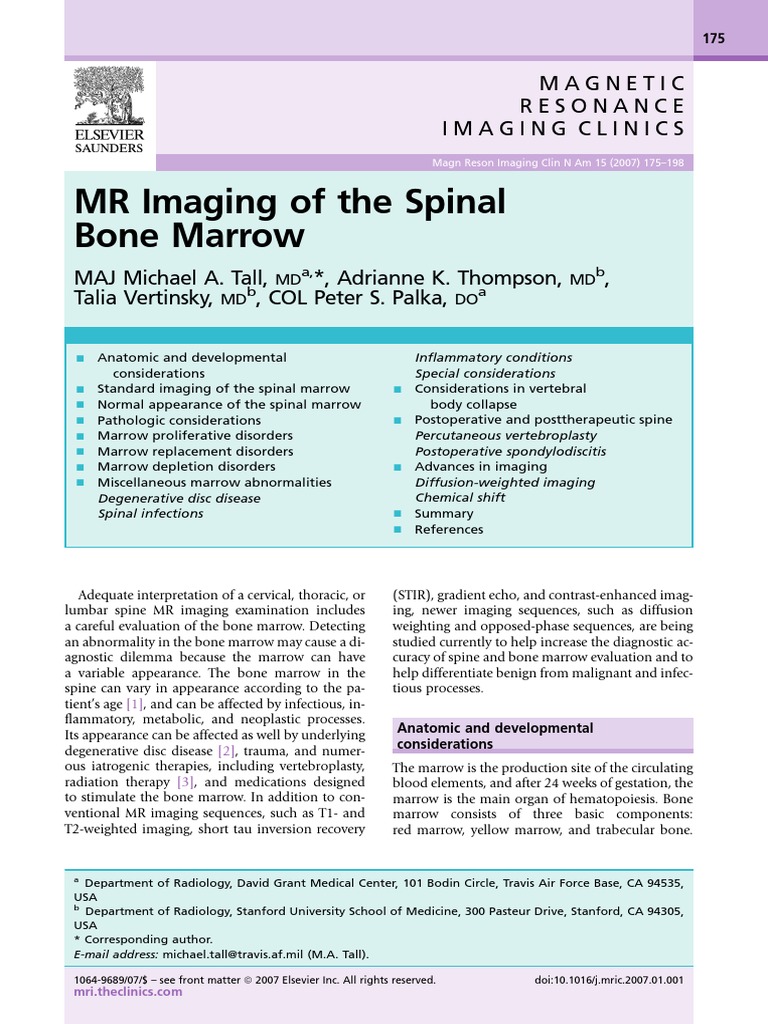 MR Imaging of The Spinal Bone Marrow | PDF | Bone Marrow | Vertebral Column