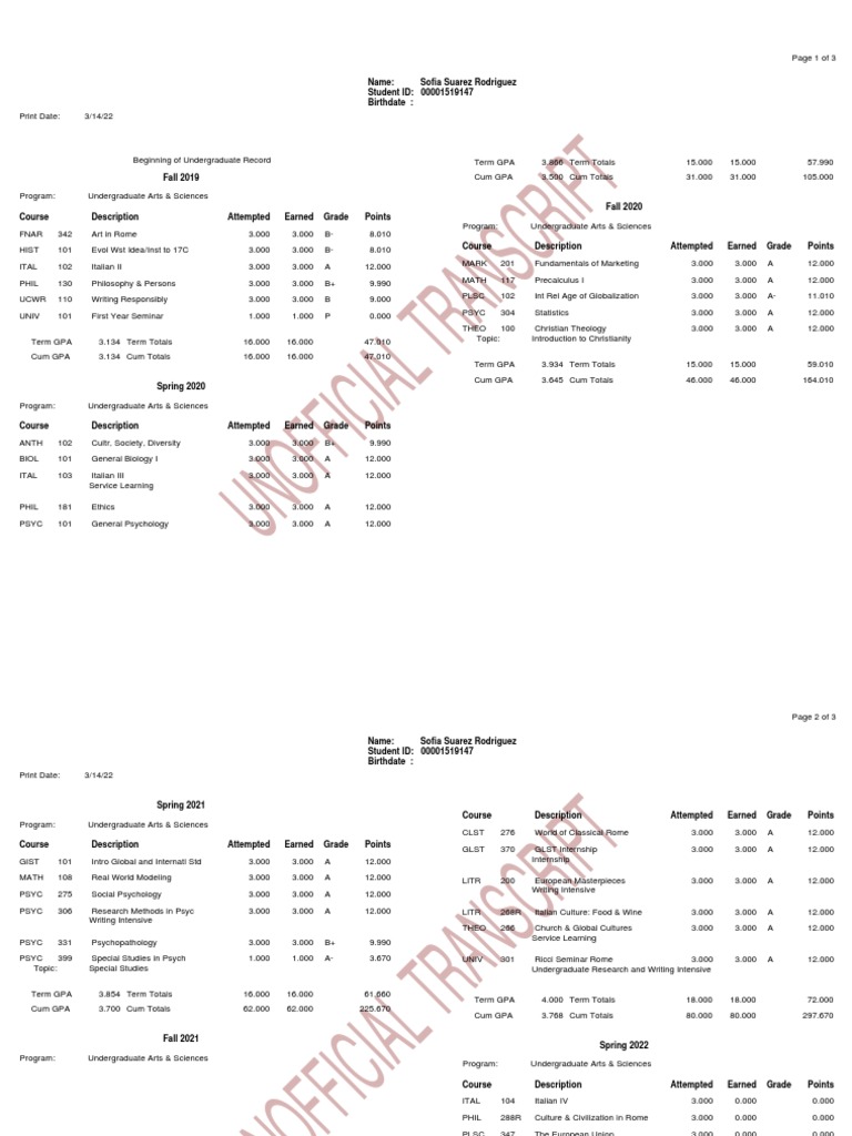 Unofficial Transcript Unofficial Transcript | PDF | Science