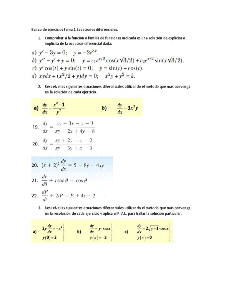 Banco de Ejercicios Tema 1 Ecuaciones Diferenciales | PDF