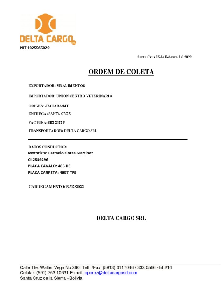Transporte de Carga Jaciara a Santa Cruz | PDF