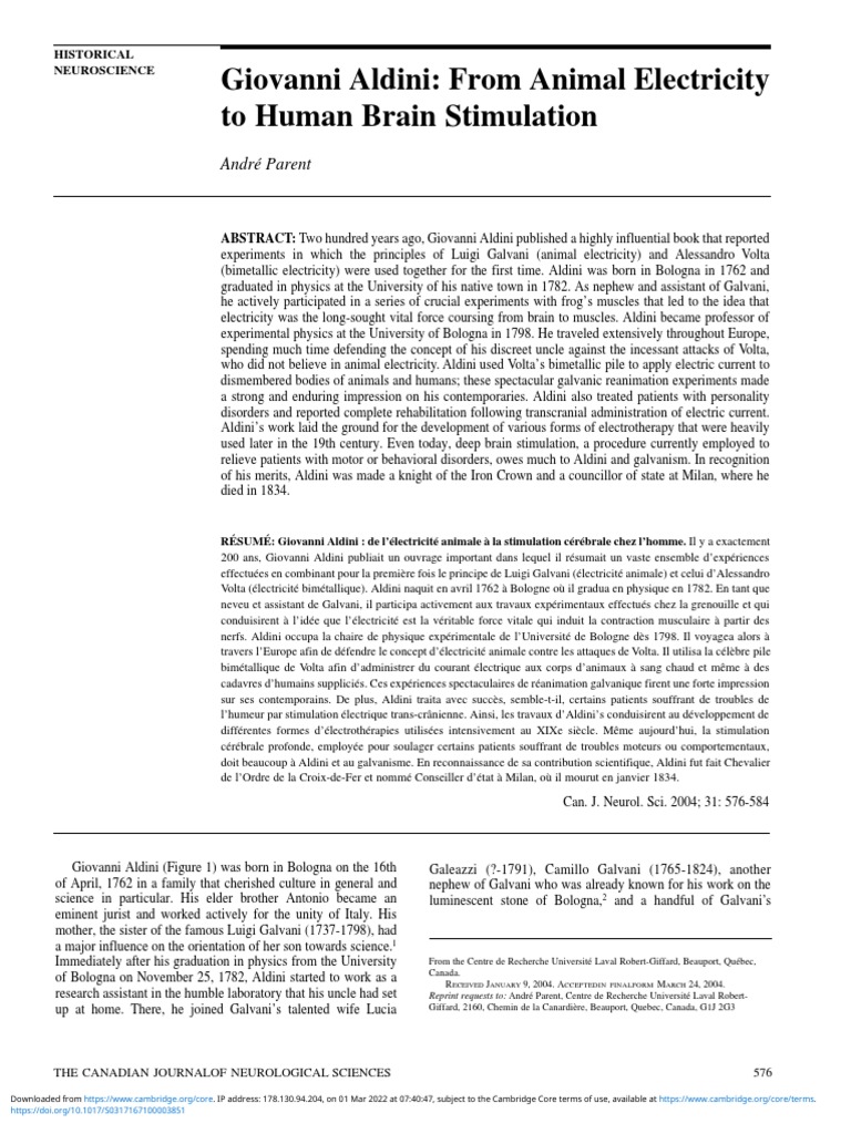 Giovanni Aldini: From Animal Electricity To Human Brain Stimulation | PDF