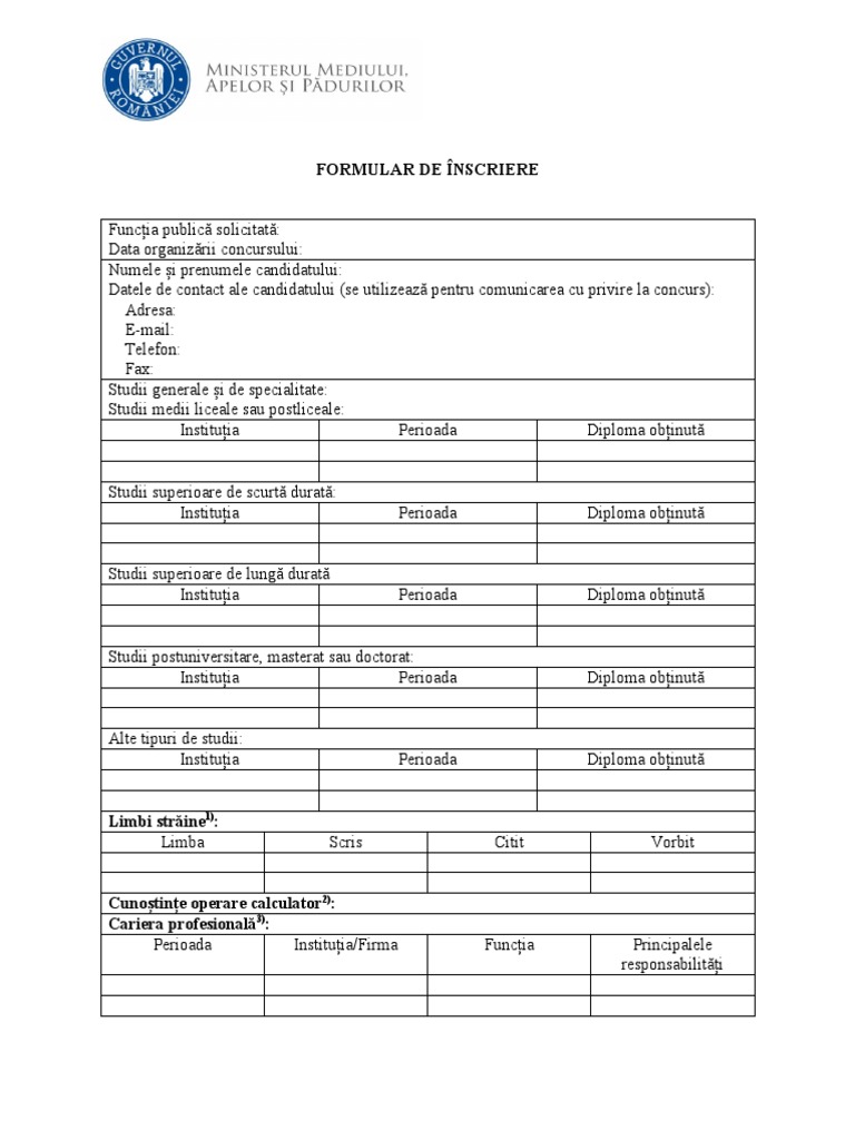 Anexa Nr. 1 - Formular de Inscriere | PDF