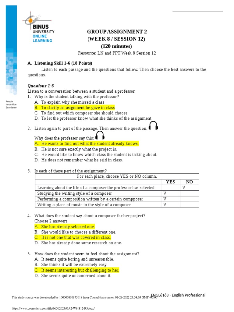 Group Assignment 2 (Week 8 / Session 12) (120 Minutes) : A. Listening ...