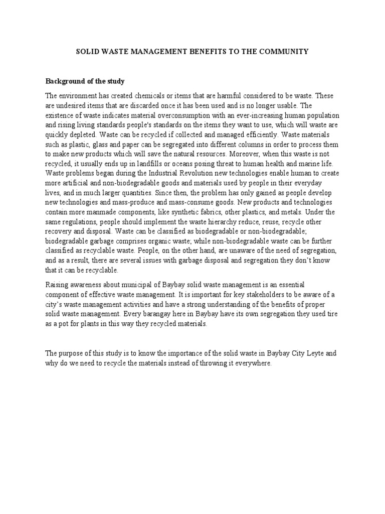 Solid Waste Management Benefits To The Community Background of The ...