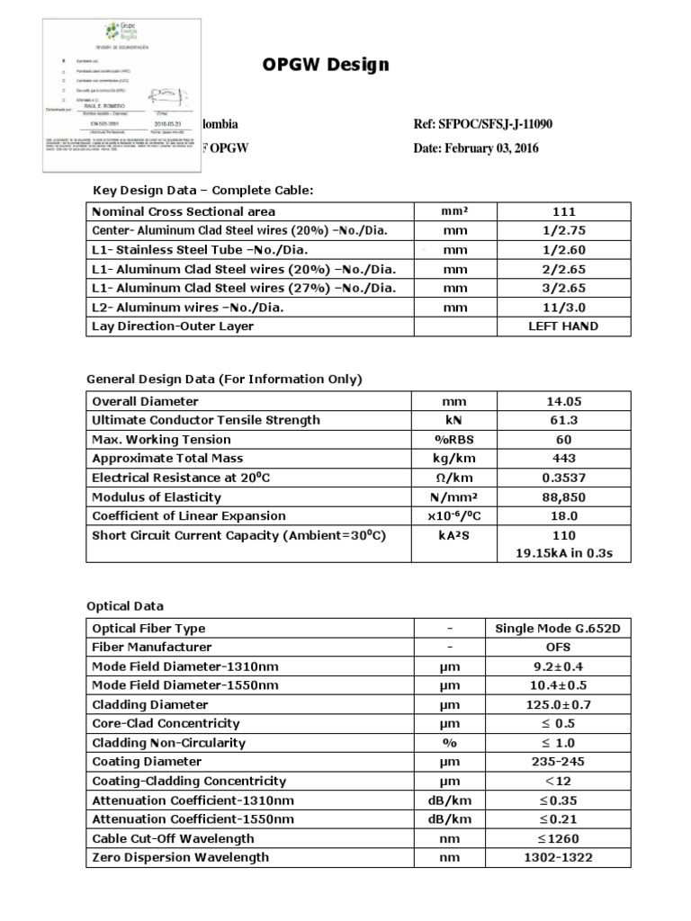 OPGW Design Data Sheet (SFSJ-J-11090) - LUX | PDF | Optical Fiber | Electrical Engineering