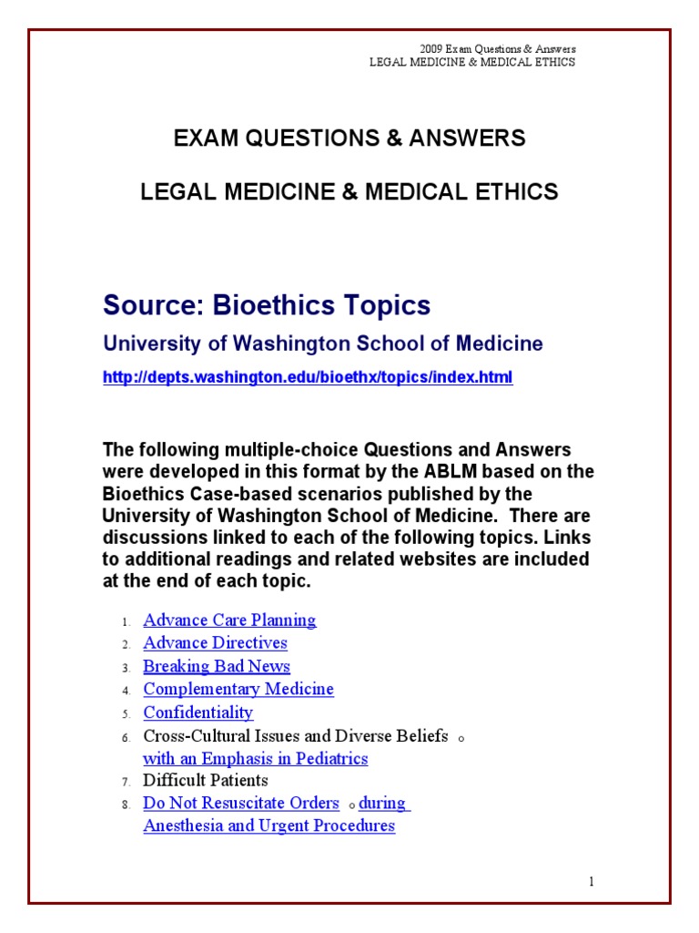 Exam Questions & Answers Legal Medicine & Medical Ethics | PDF ...