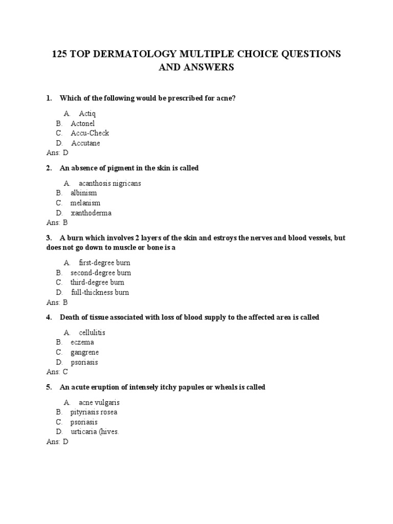 125 TOP DERMATOLOGY MULTIPLE CHOICE QUESTIONS AND ANSWERS | PDF ...