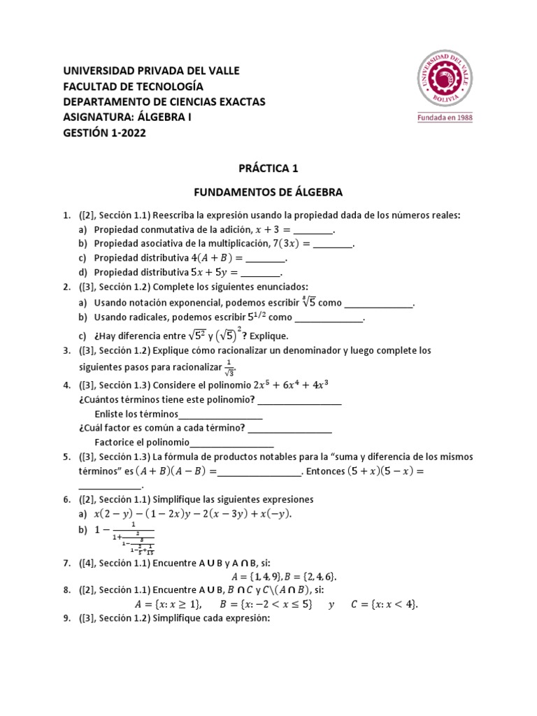Practica ALG Unidad 1 | PDF | Análisis matemático | Matemáticas